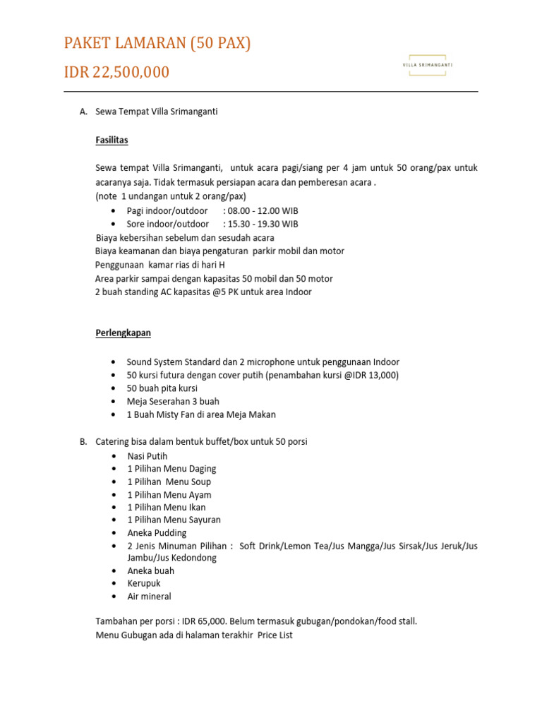 Villa Srimanganti_Paket Lamaran 50 pax | PDF