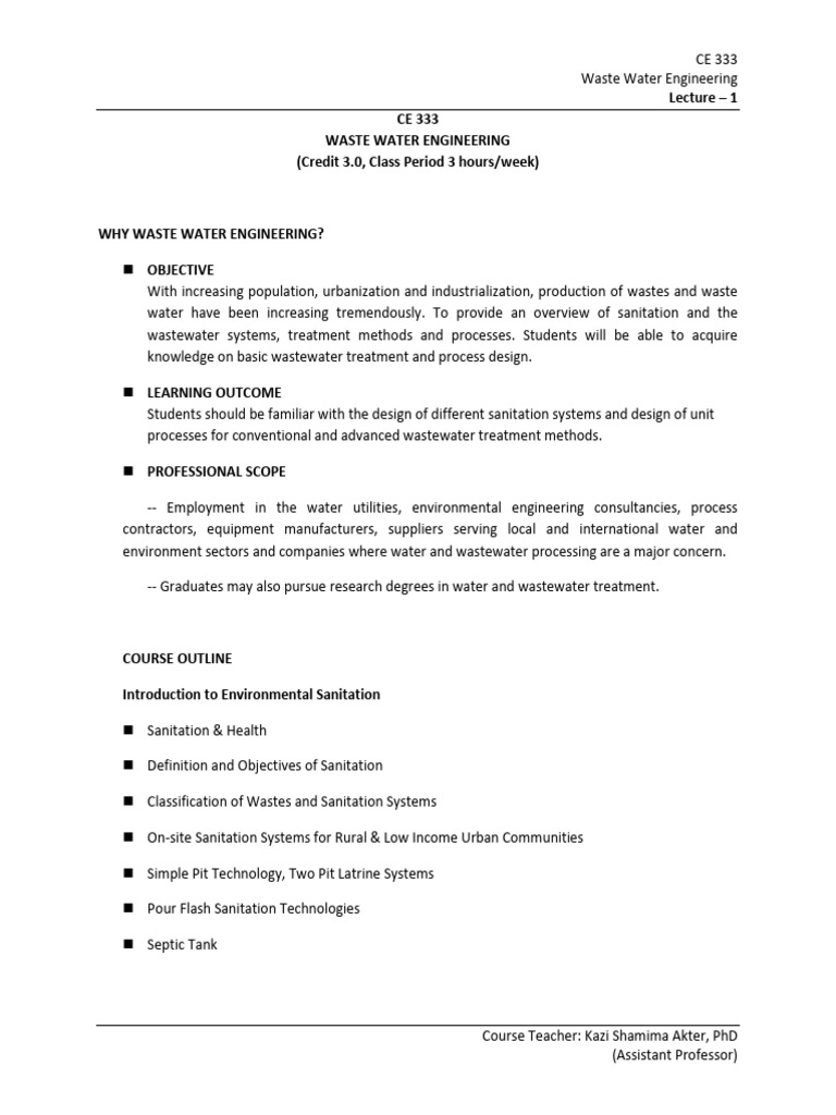 Lecture - 1 CE 333 Waste Water Engineering (Credit 3.0, Class Period 3 Hours/week) | PDF