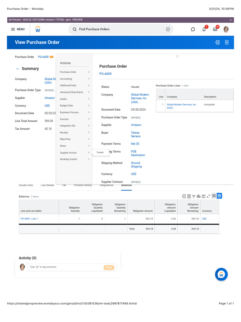 Purchase Order Create Invoice - Workday | PDF