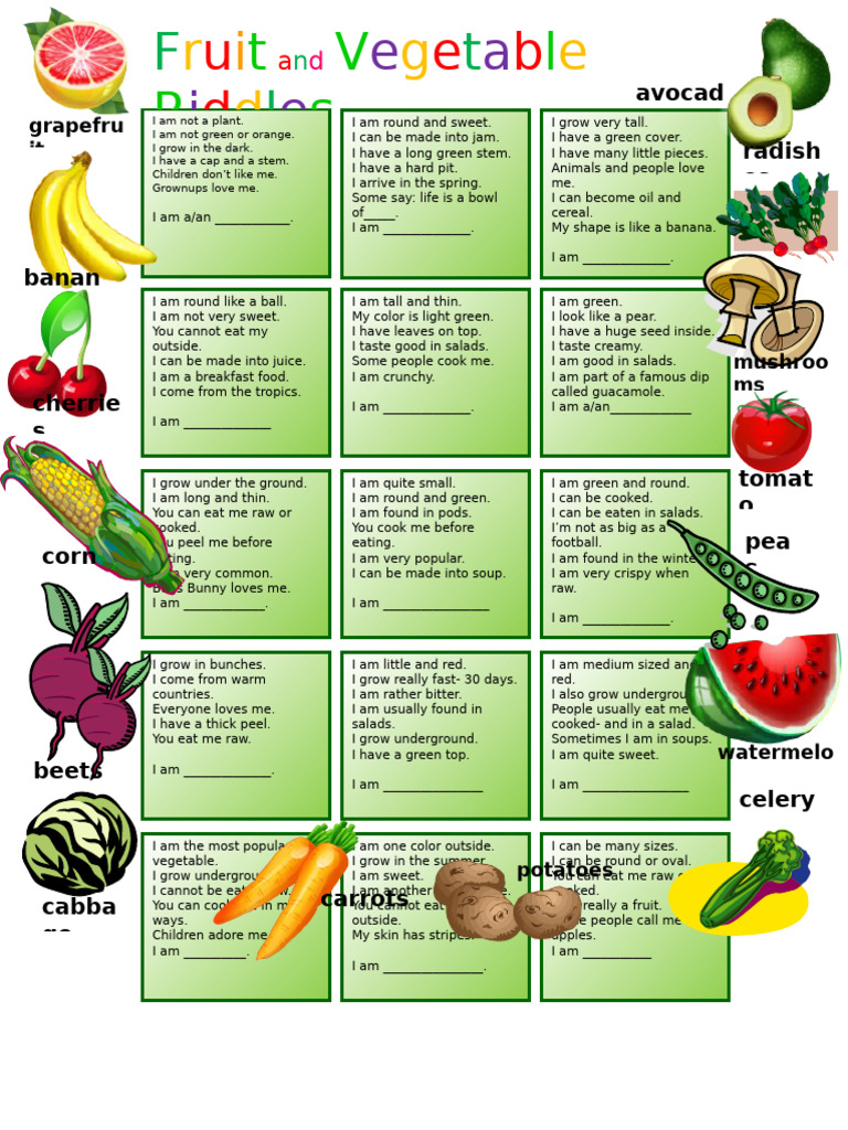 Fruit and Vegetables Riddles With Key Fun Activities Games Games ...