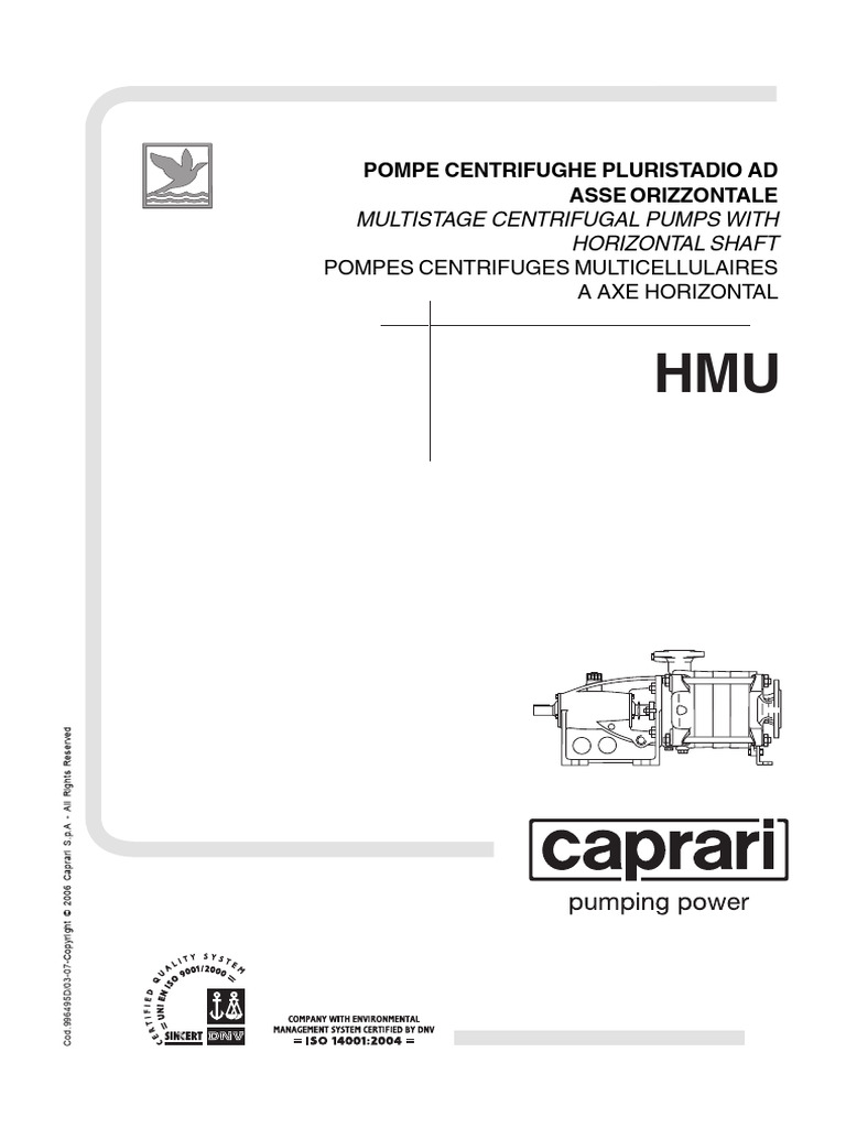 HMU Viacstupnove Horizontalne Odstredive Cerpadla Technicky Manual en | PDF