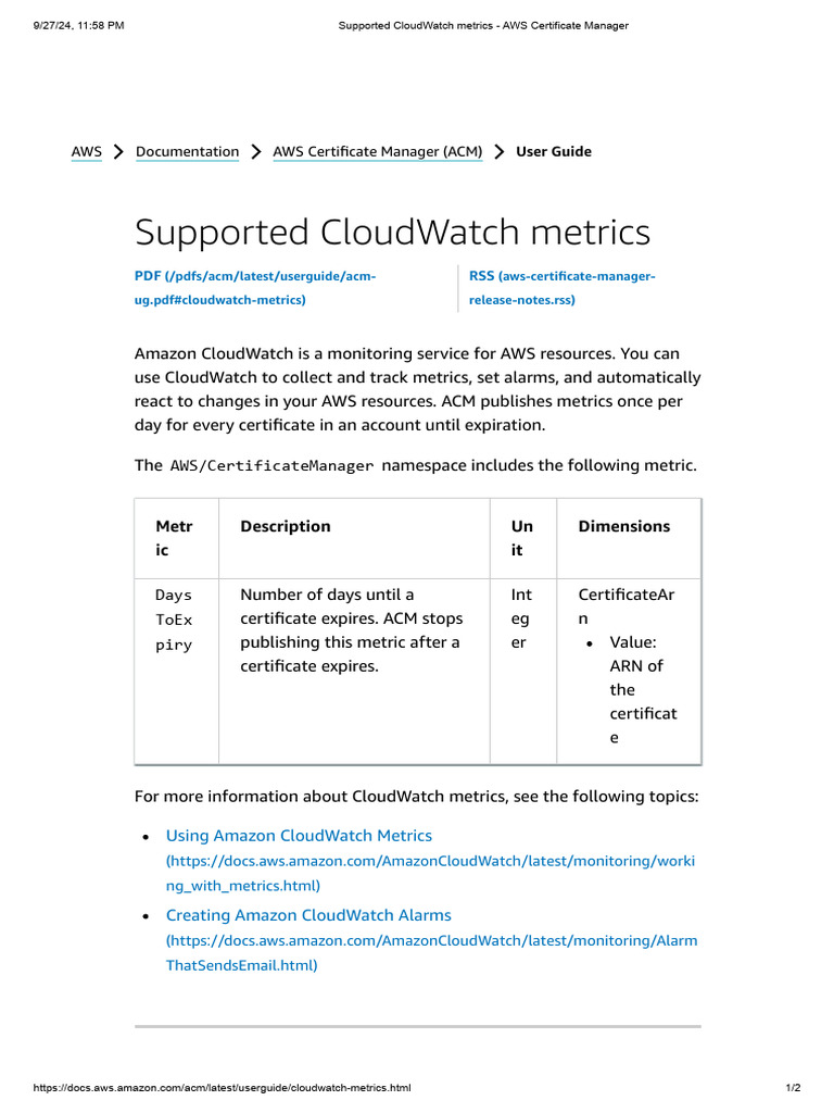 Supported CloudWatch Metrics - AWS Certificate Manager | PDF