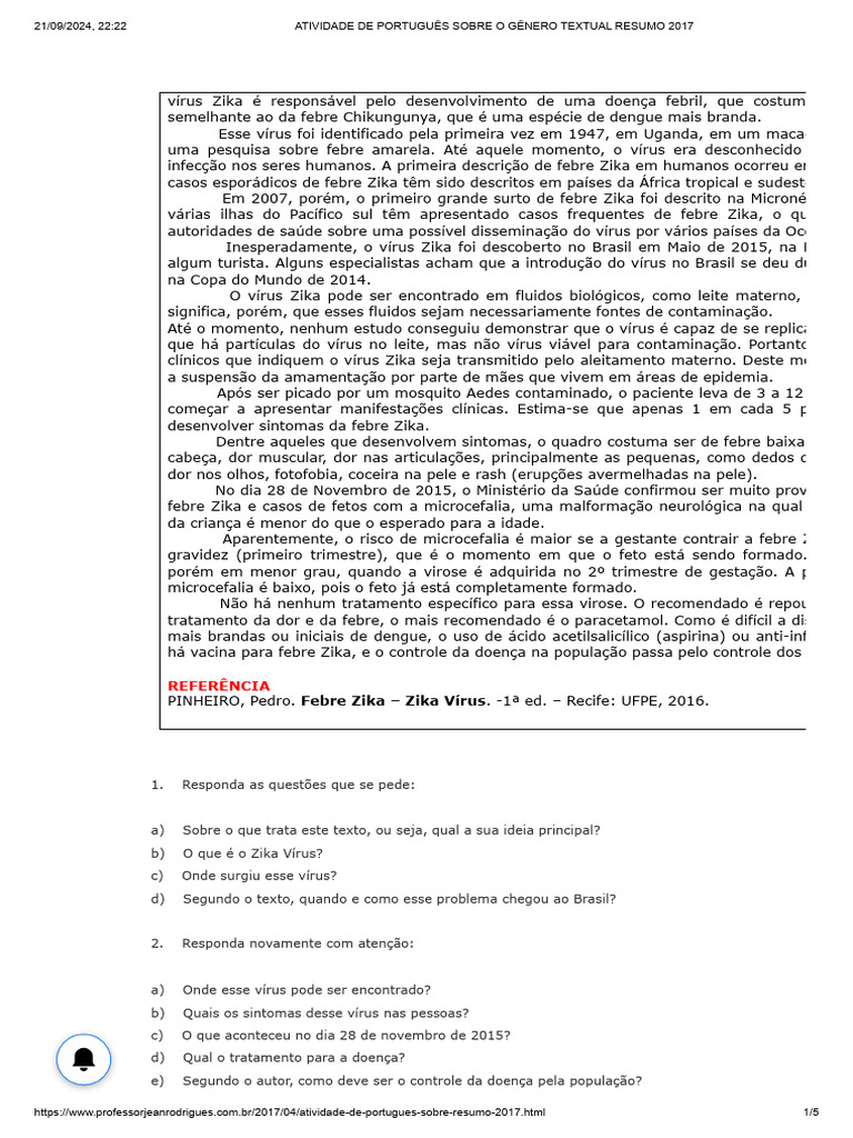 Atividade de Português Sobre o Gênero Textual Resumo 2017 | PDF