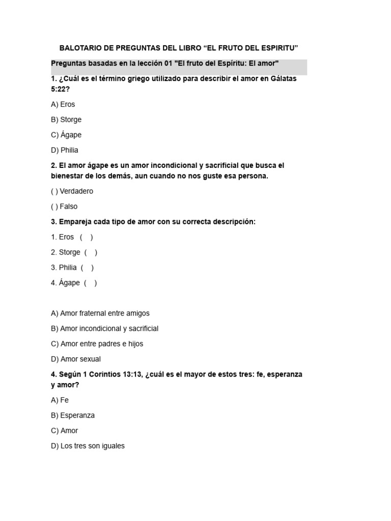 Cuestionario sobre el Fruto del Espíritu | PDF | Fruto Del Espiritu Santo | Amor