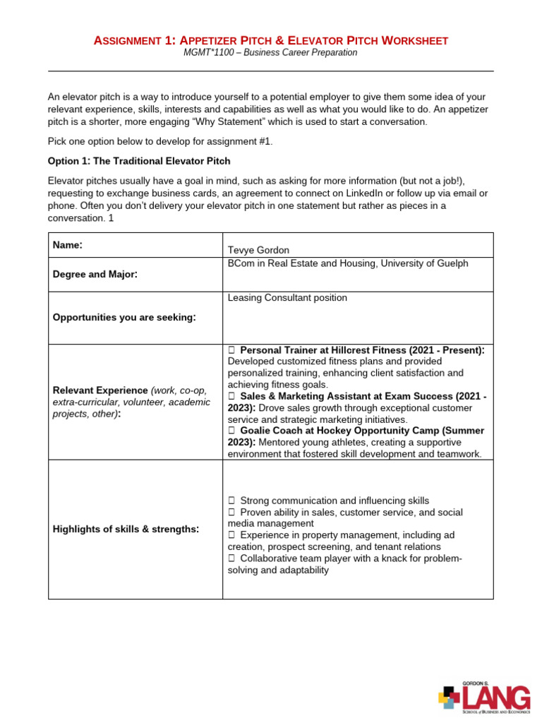 Assignment 1 Appetizer Pitch & Elevator Pitch Worksheet | PDF