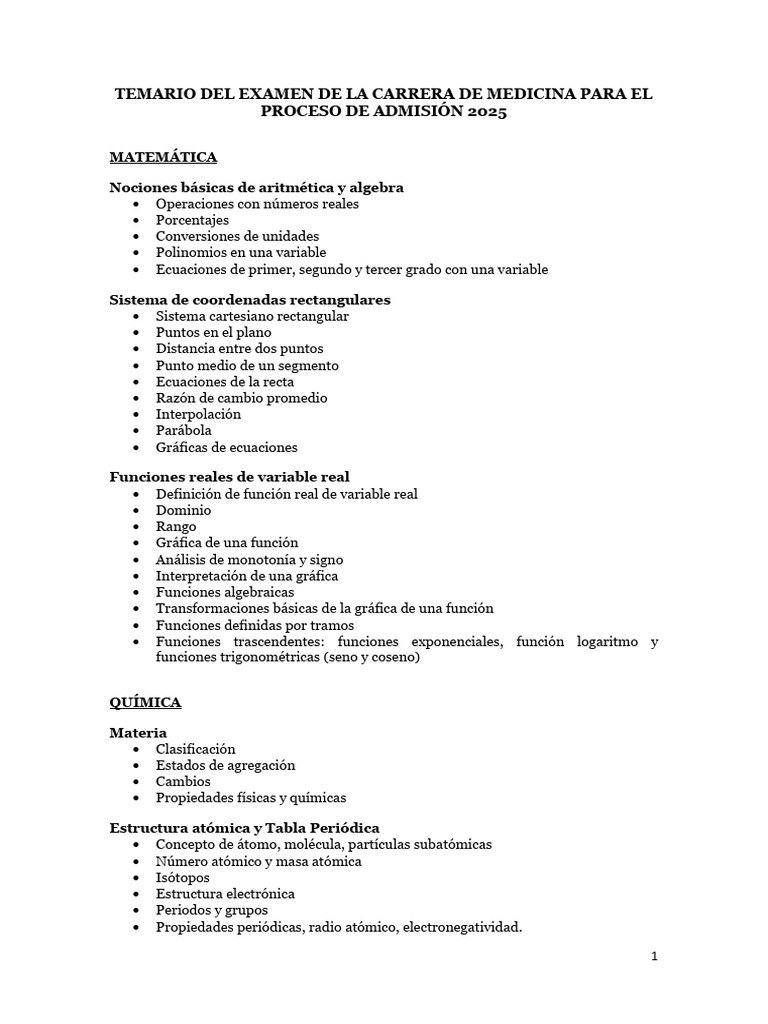 Temario Del Examen de Admisión de La Carrera de Medicina Proceso de Admisión 2025 | PDF