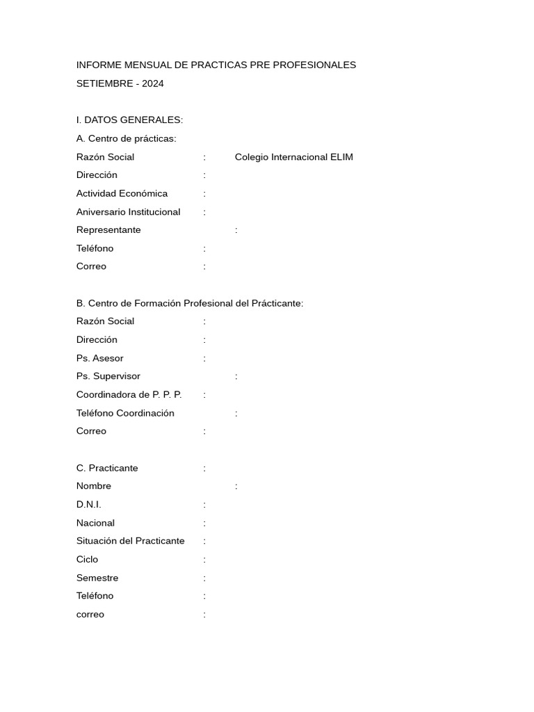 MODELO - INFORME MENSUAL DE PRACTICAS PRE PROFESIONALES | PDF