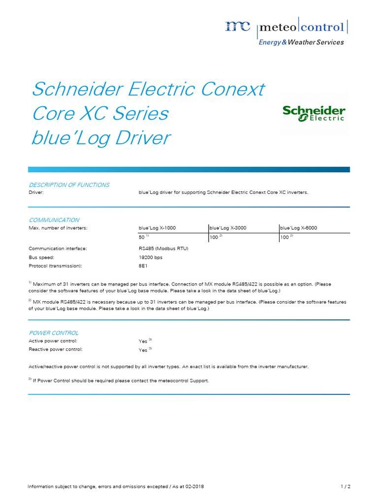 DB Bluelog Driver Schneider Electric Conext Core XC en 20180207 | PDF