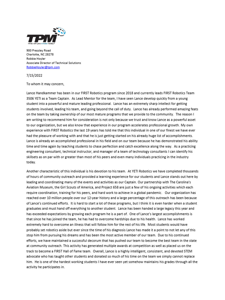 Lance Handkammer Recommendation Letter | PDF