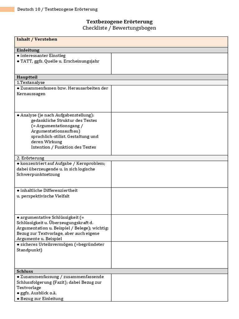 Erörterung - Checkliste Und Bewertungsbogen Textgebundene Erörterung | PDF