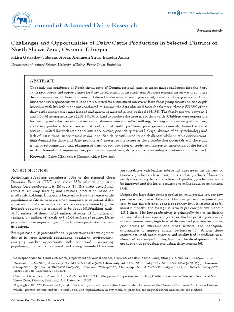 Challenges And Opportunities Of Dairy Cattle Production In The Selected