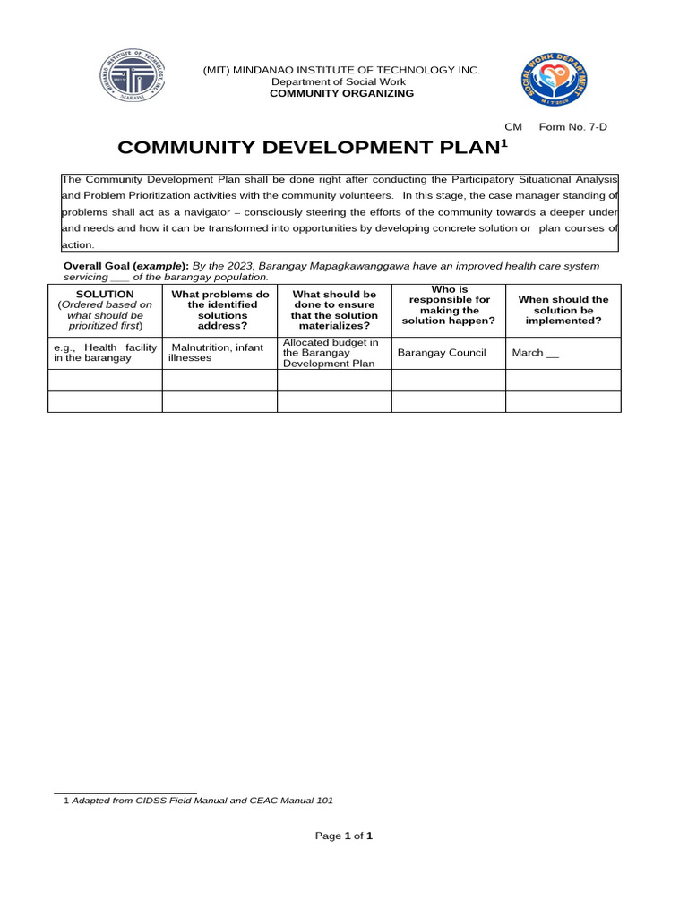 CM Form 7-D - Community Development Plan | PDF | Career & Growth | Business