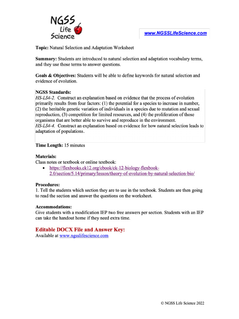 Natural Selection Adaptation Ws | PDF