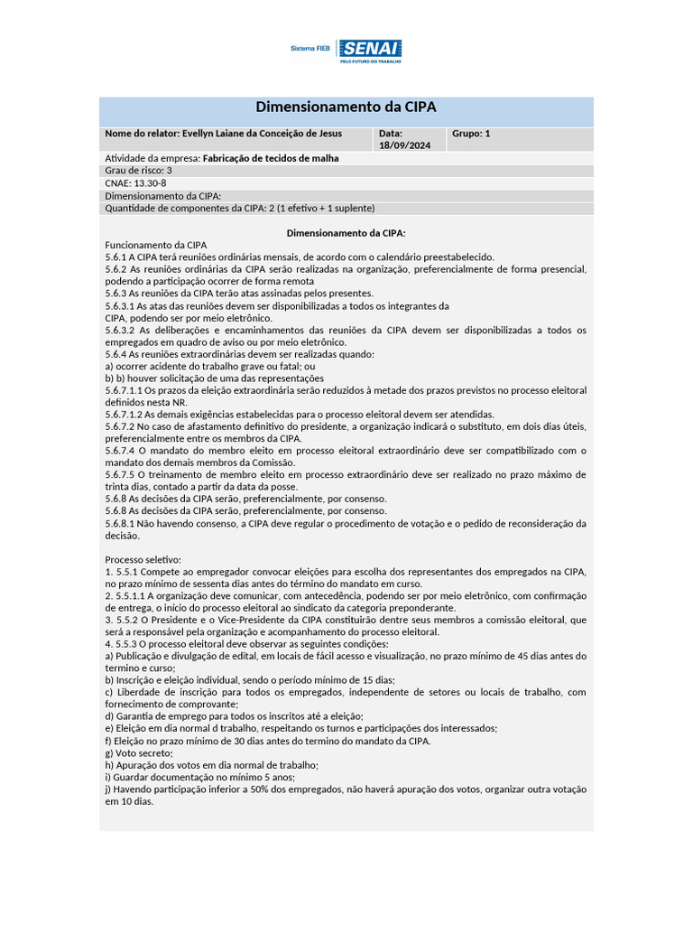 Dimensionamento Da CIPA | PDF