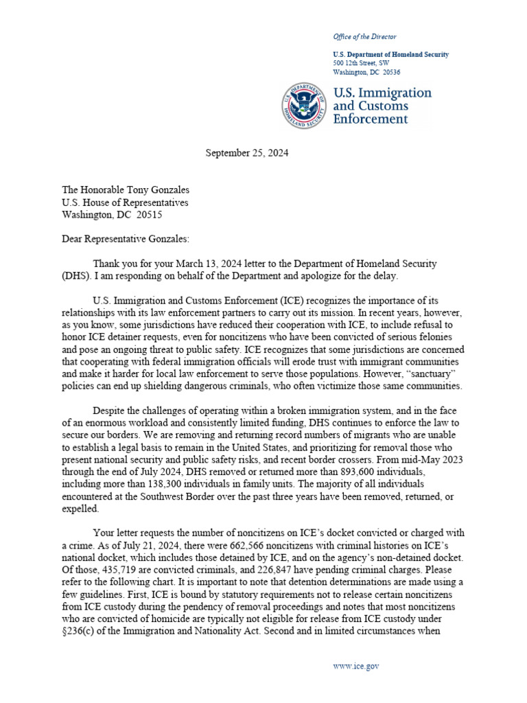ICE Response to Congressional Inquiry on Criminal Noncitizens | PDF ...