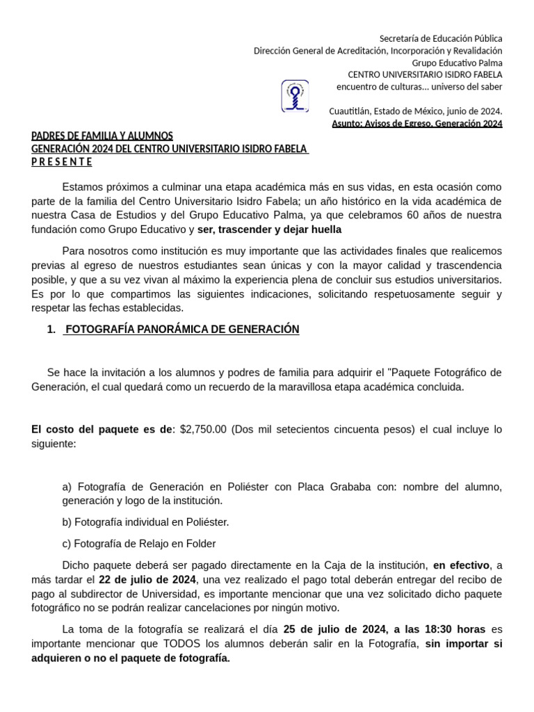 Avisos de Egreso Generación 2024 CUIF | PDF