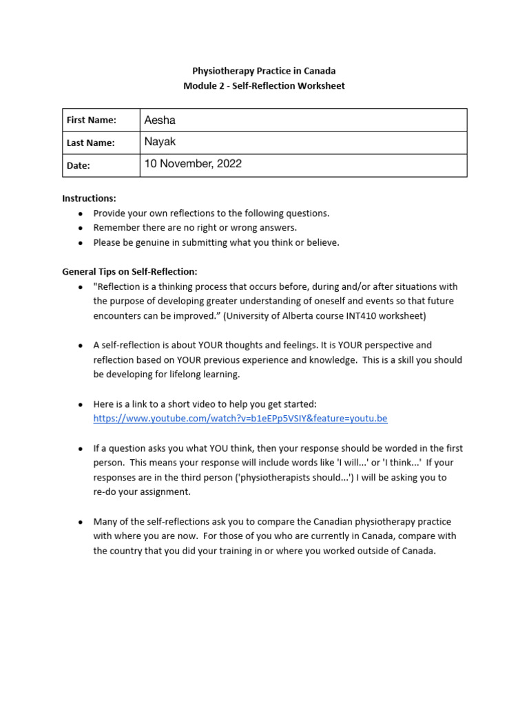 Module 2 - Self-Refection Worksheet Done by Aesha | PDF | Physical ...