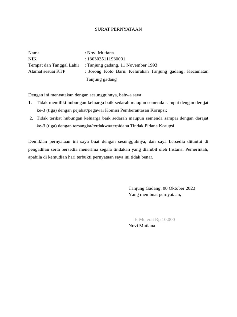 Surat Pernyataan Tidak Memiliki Hubungan Keluarga | PDF Surat Pernyataan Tidak Memiliki Hubungan Keluarga | PDF