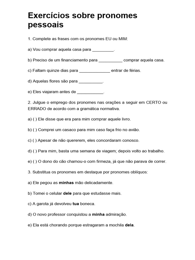 Exercícios Sobre Pronomes Pessoais 2024 | PDF