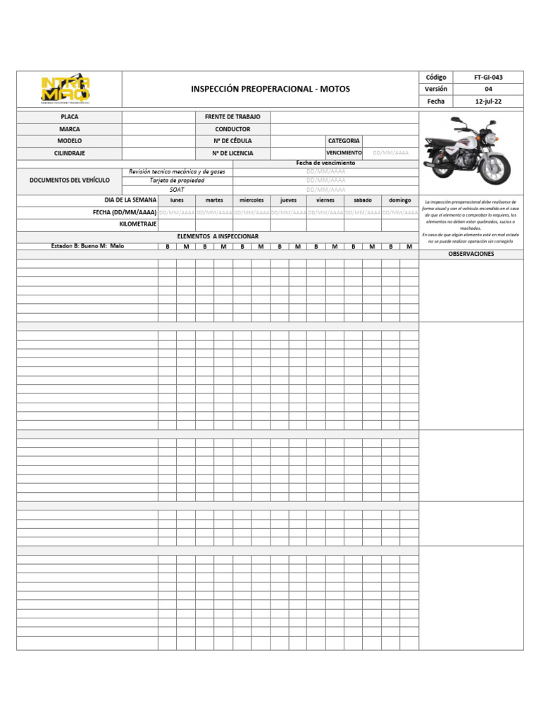 FT-GI-043 Preoperacional Moto | PDF | Motocicleta | Tecnología de vehículos