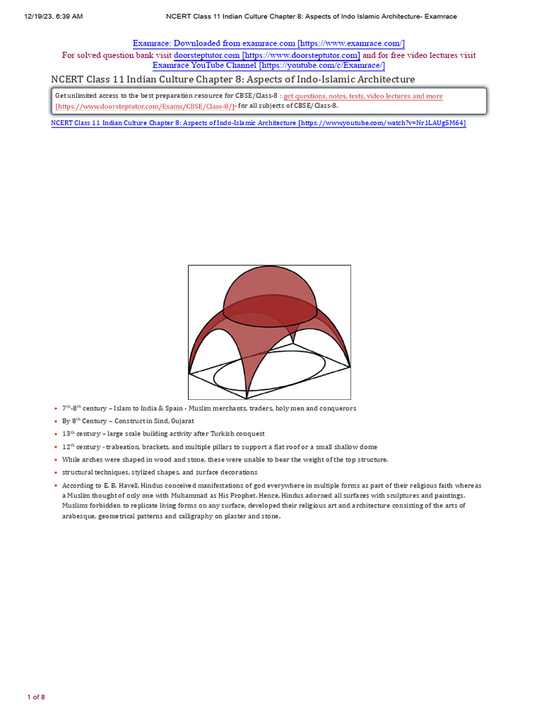 NCERT Class 11 Indian Culture Chapter 8 YouTube Lecture Handouts | PDF