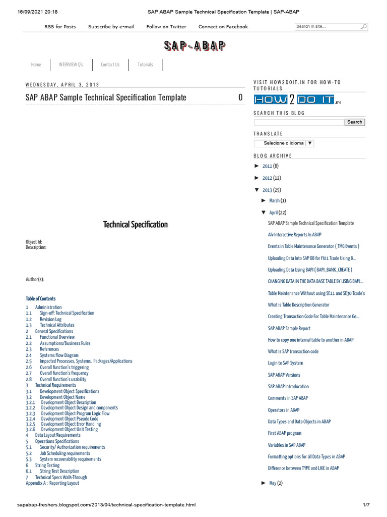 Sap Abap Sample Technical Specification Template Sap Abap Pdf