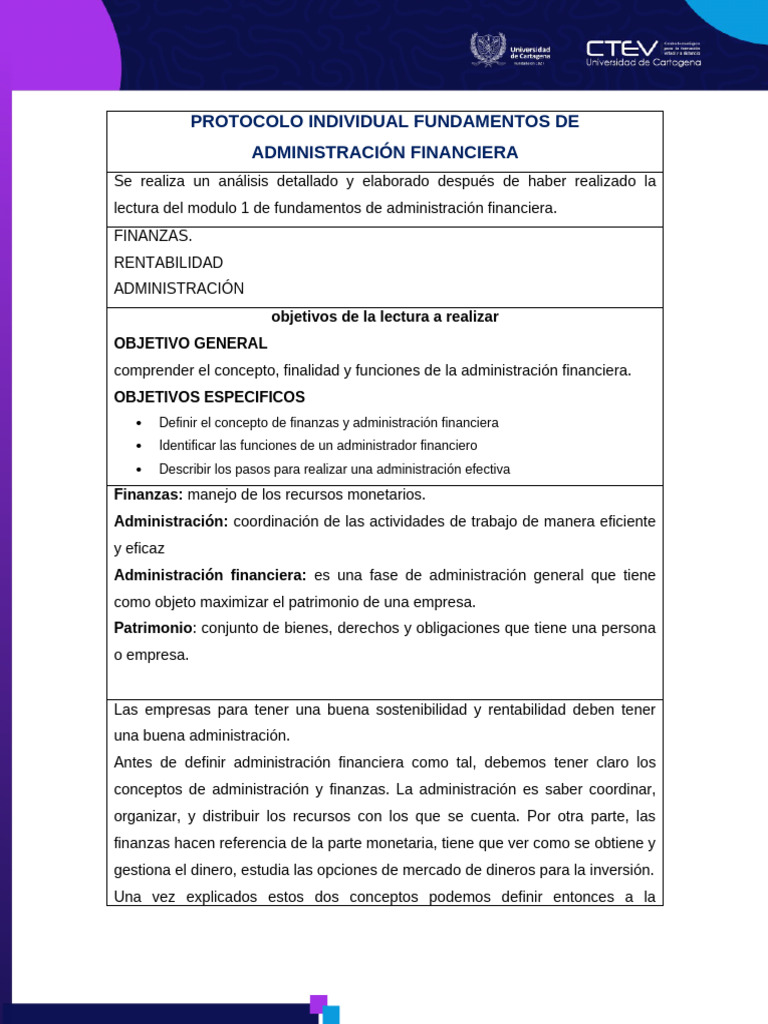 Protocolo Individual de Fundamentos de Administracion Finaciera | PDF