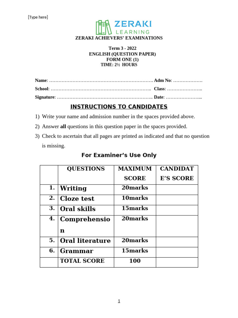 English Form 1 - Zeraki Achievers 5.0 - Question Paper | PDF ...