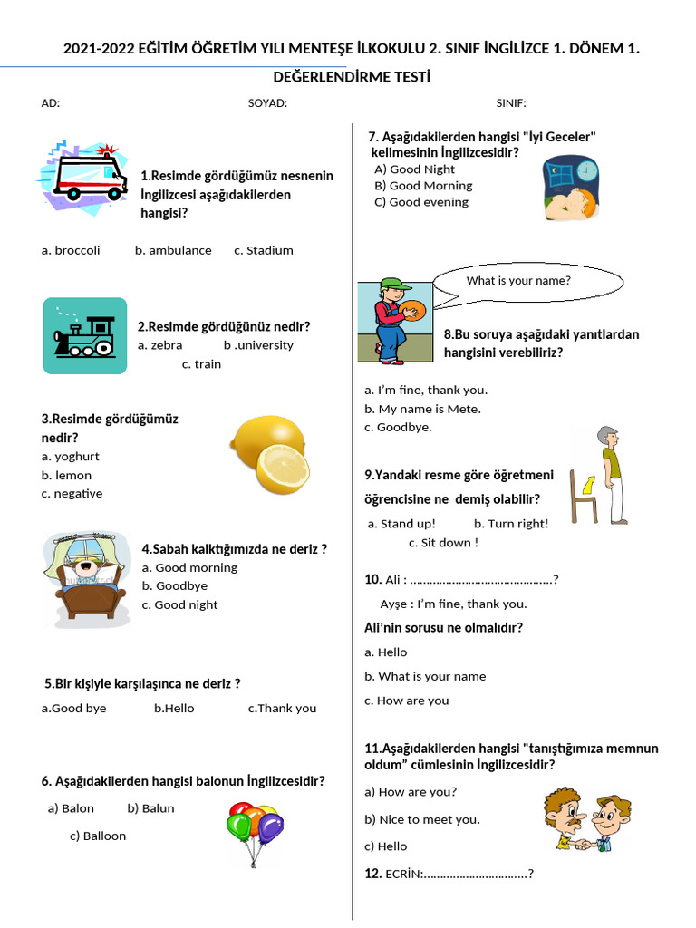 2021-2022 Eğitim Öğretim Yili Menteşe İlkokulu 2. Sinif İngilizce 1. Dönem 1. Değerlendirme ...
