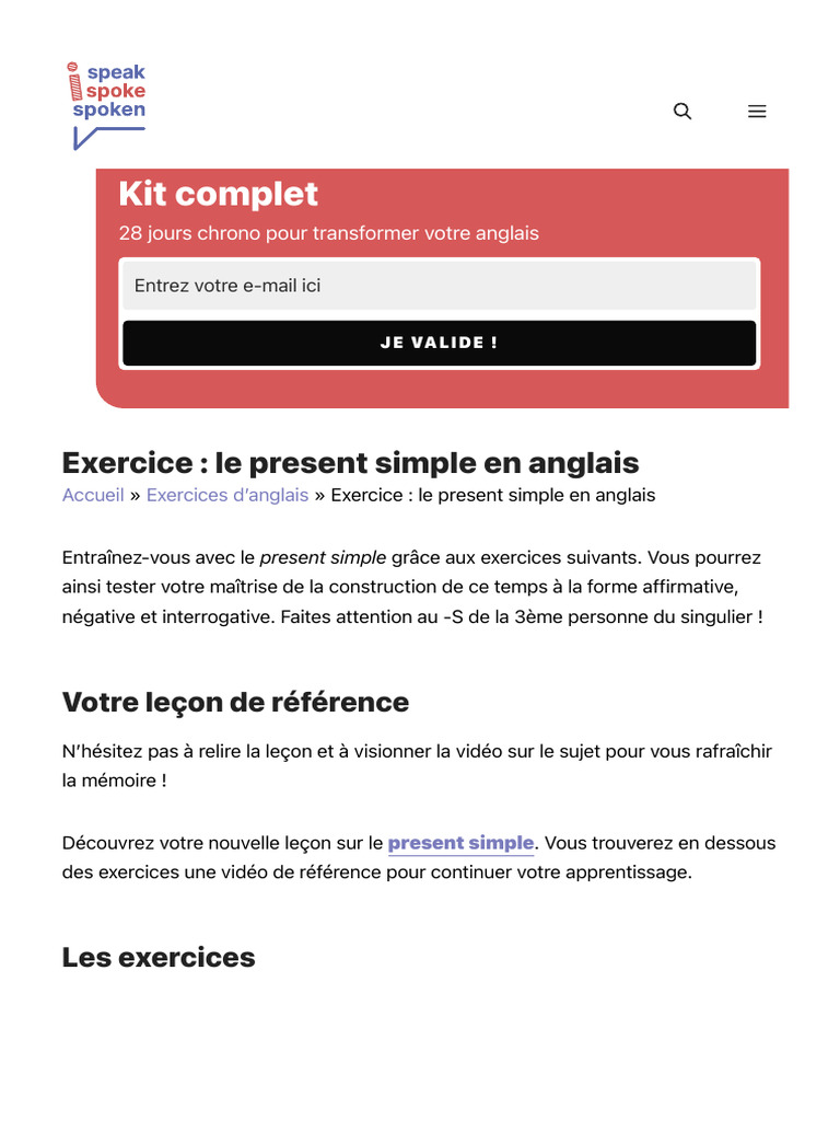Exercice Present Simple Anglais - 4 Quiz Et 20 Questions | PDF