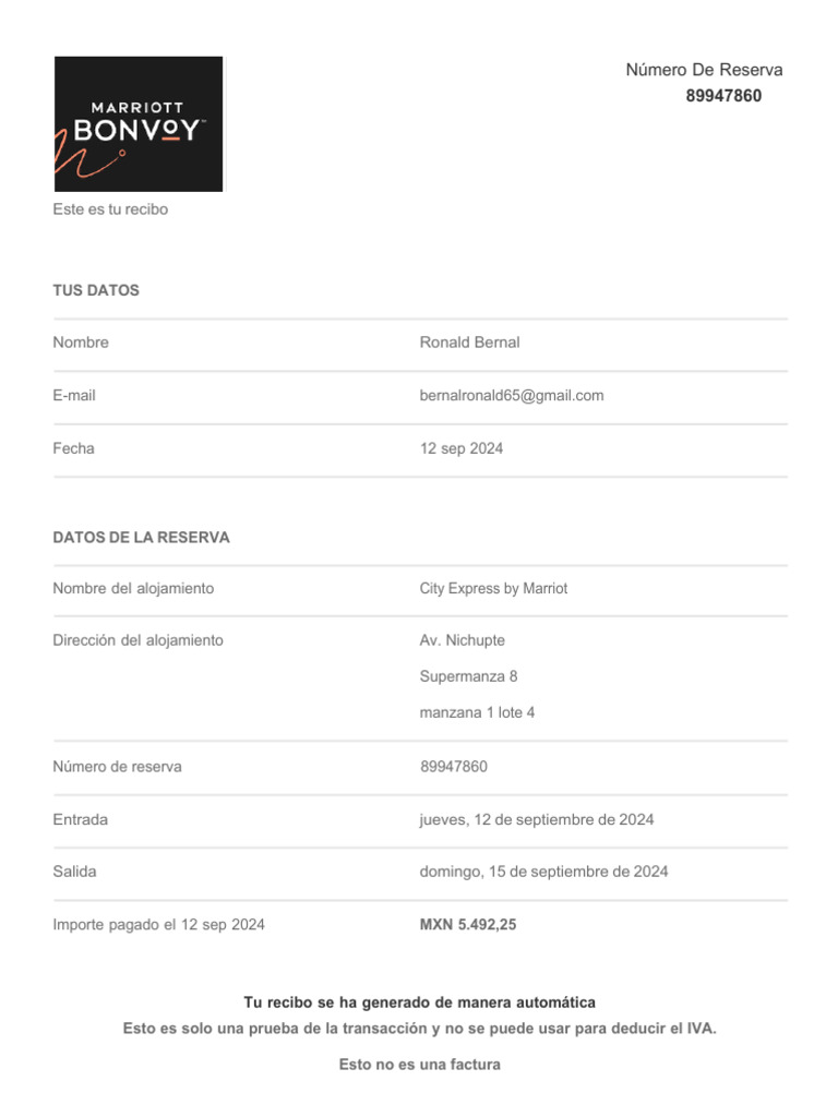 Recibo Pago Hotel Cancun | PDF