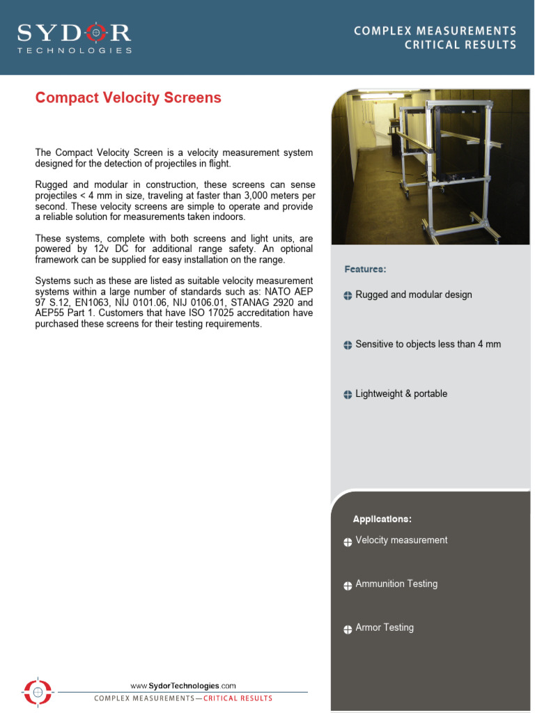 Sydor Compact Velocity Screen Datasheet 120321 | PDF