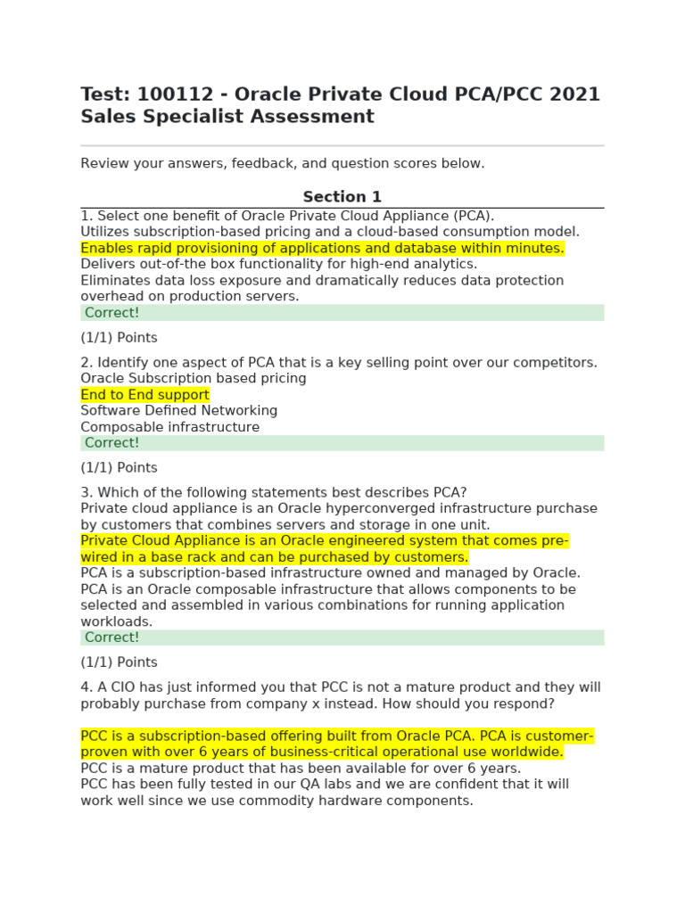 Oracle Private Cloud PCA PCC 2021 Sales Specialist Assessment | PDF ...