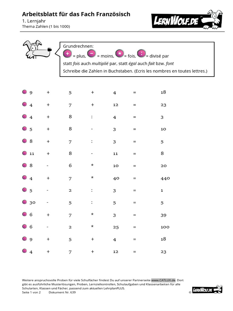 639 - Arbeitsblatt-Französisch-Zahlen 1-100-Kostenlos | PDF