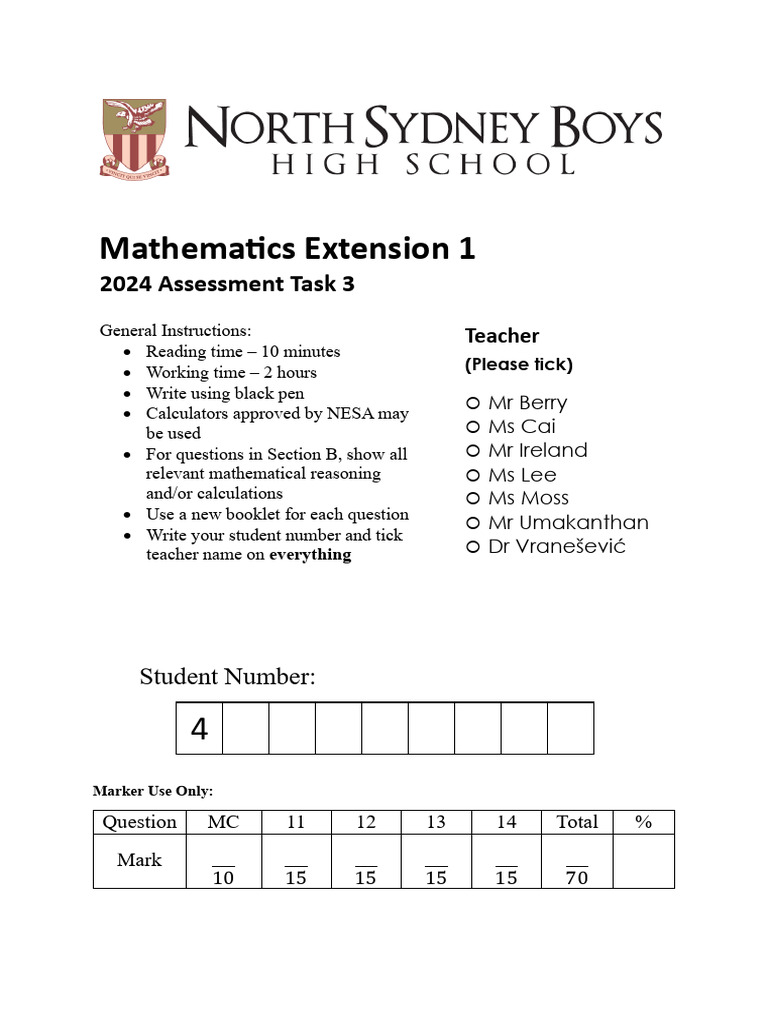 Mathematics Extension 1: 2024 Assessment Task 3 | PDF