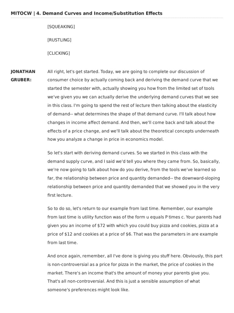 Demand Curves and Income Substitution Effects | PDF