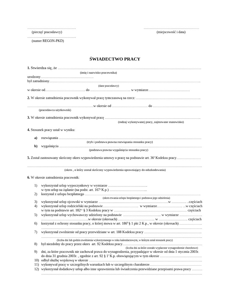 Swiadectwo Pracy | PDF