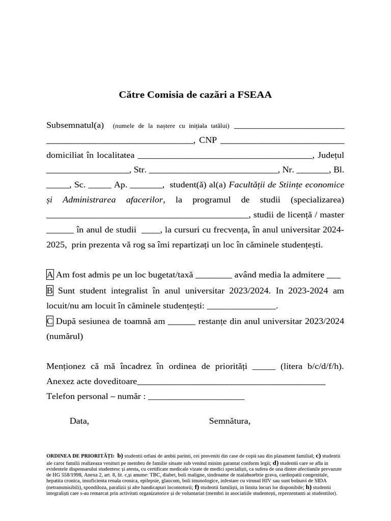 Cerere de Cazare - Model | PDF