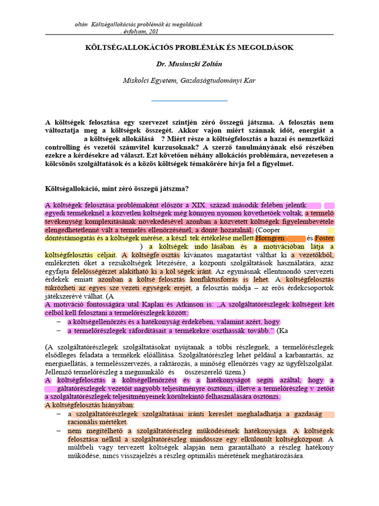 Költségallokációs Problémák És Megoldások | PDF