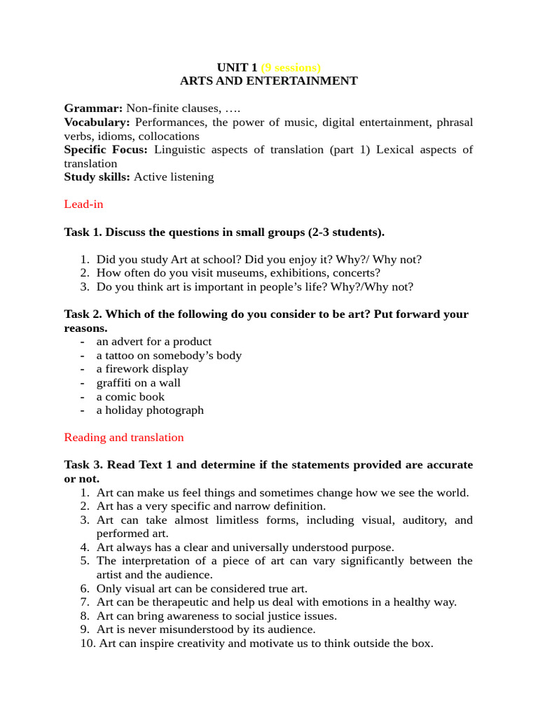 4 Курс 7 Семестр Unit 1 Arts and Entertainment | PDF