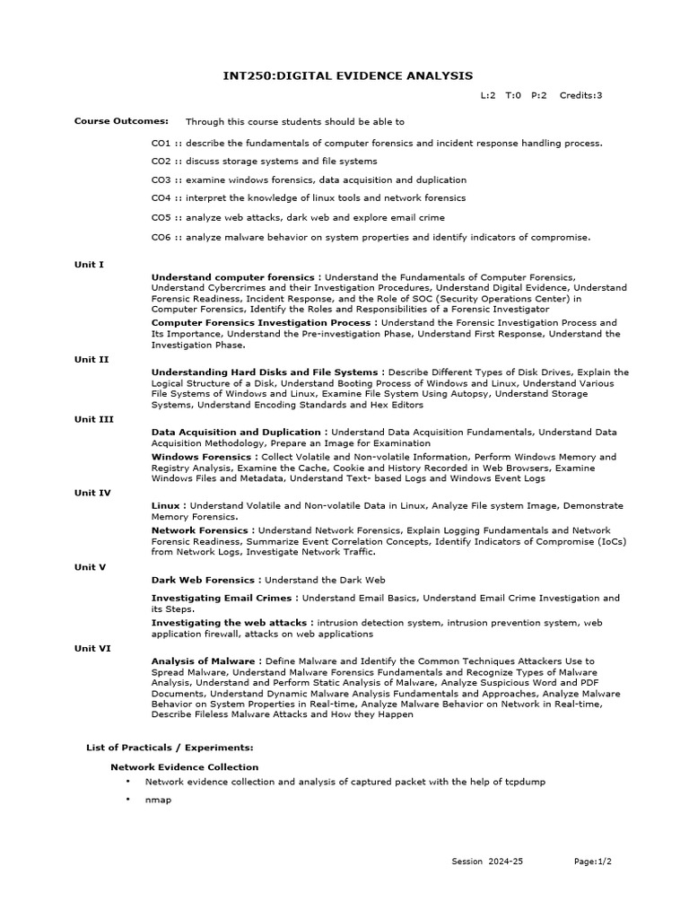 INT250 DIGITAL EVIDENCE ANALYSIS Syllabus | PDF