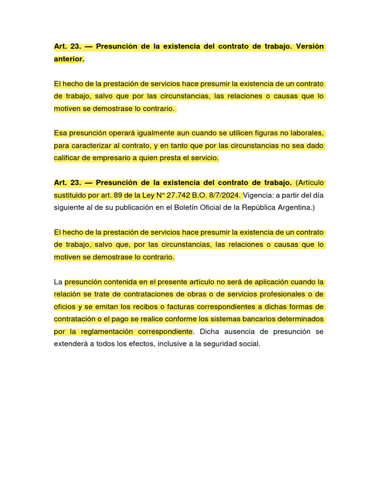 Art 23 LCT - Version Antes y Despues de La Reforma | PDF