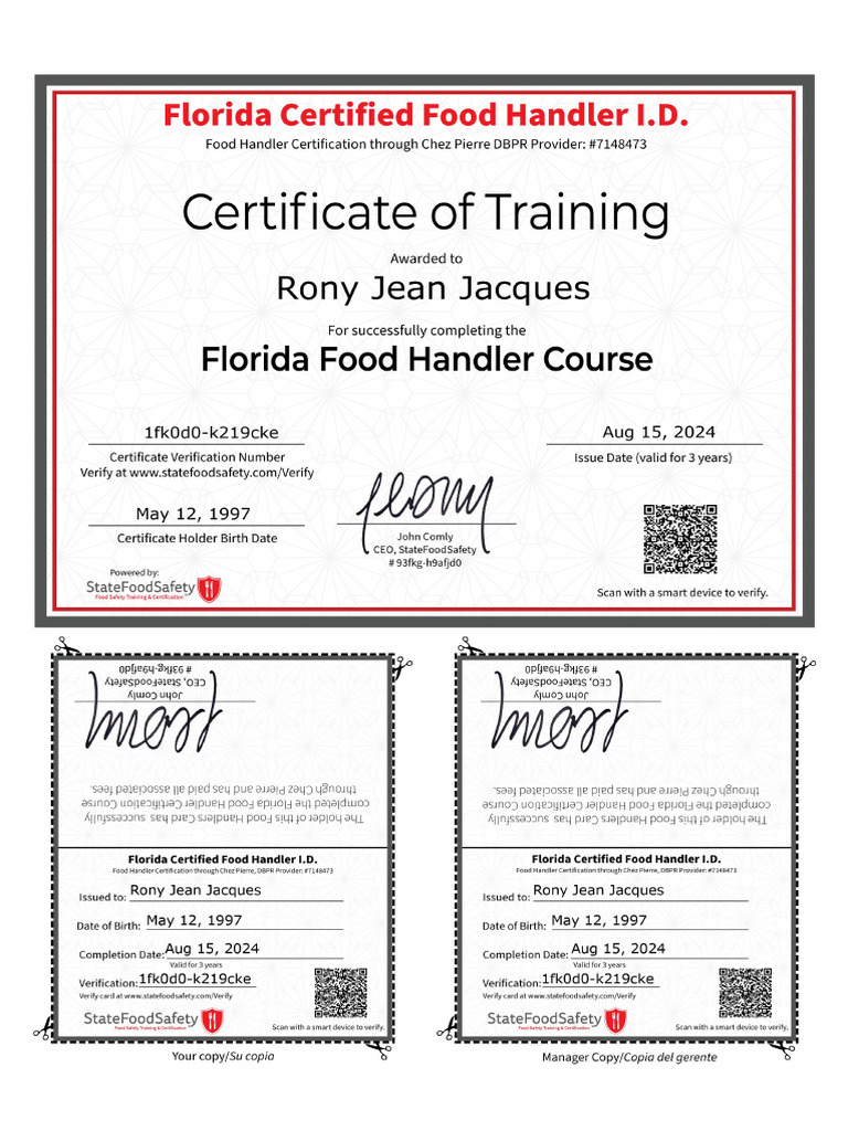 Florida Certified Food Handler I D | PDF