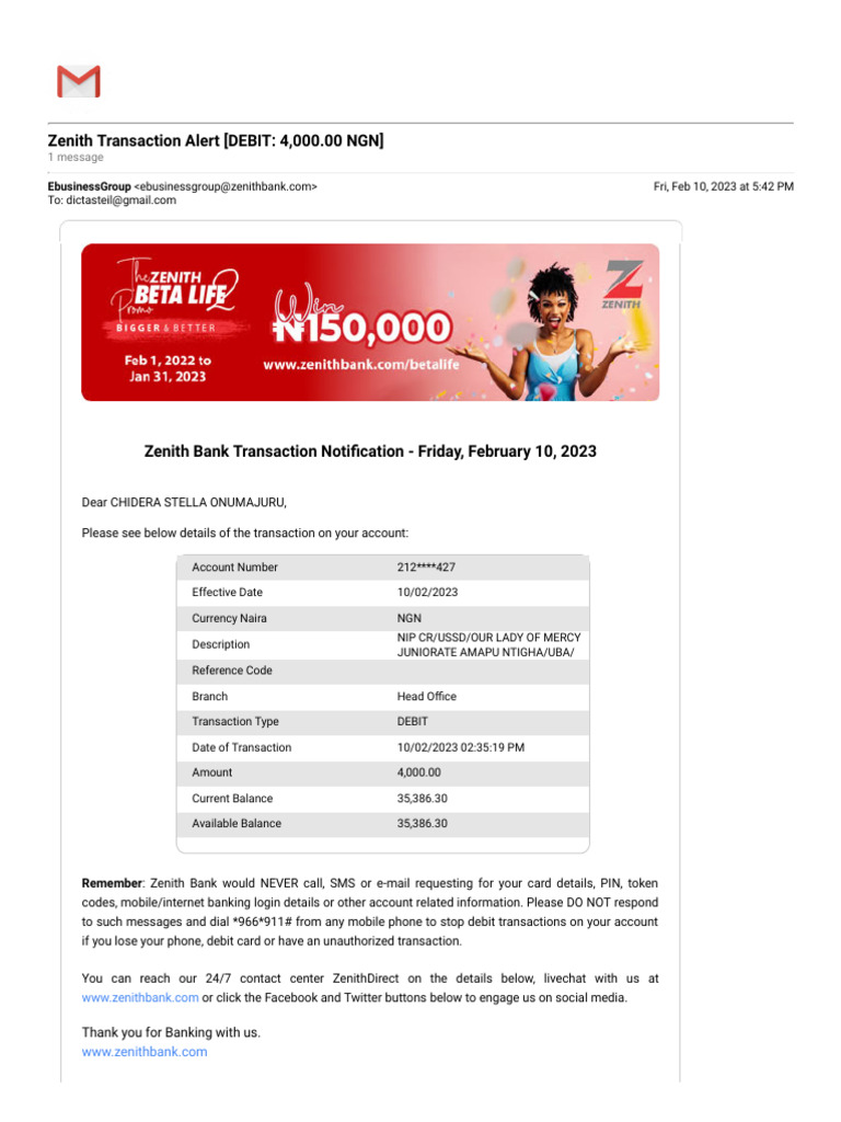 Gmail - Zenith Transaction Alert (DEBIT - 4,000.00 NGN) | PDF