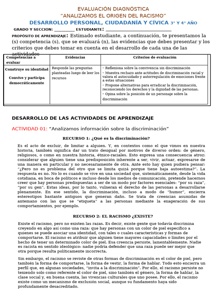 EVALUACION DIAGNOSTICA DPCC 3°-4 2024 DPCC | PDF