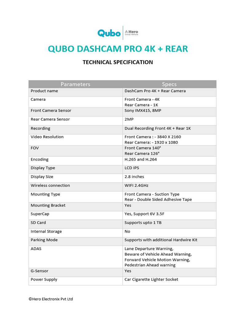 Qubo DashCam Pro 4K Specifications | PDF | Computers