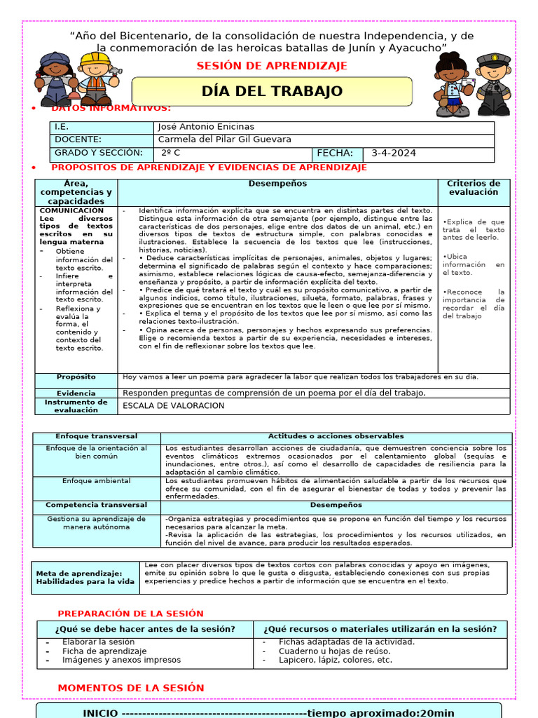 U2 S4 Sesion D4 Plan Lector Dia Del Trabajo | PDF