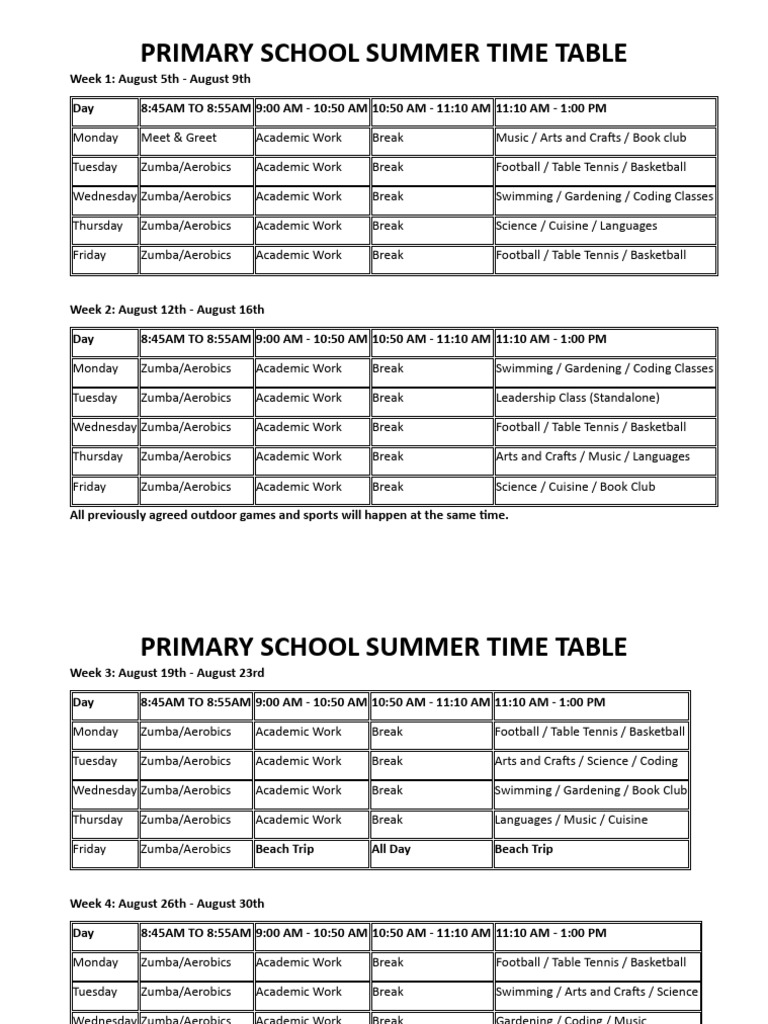 PRIMARY SCHOOL SUMMER TIME TABLE | PDF