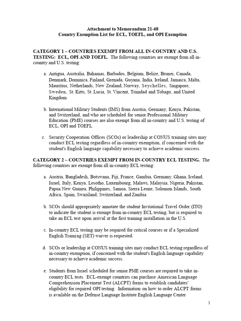Dsca Opi Ecl Exemption Memo 21-68 Country Exemption List | PDF