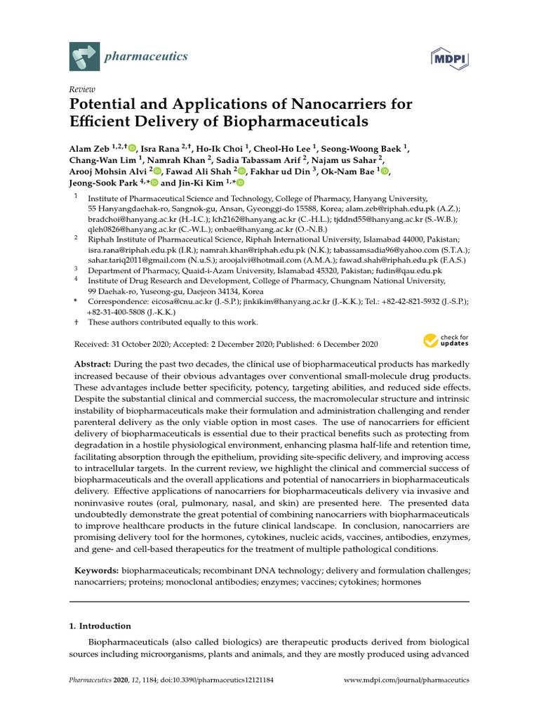 Potential and Applications of Nanocarriers For Efficient Delivery of Biopharmaceuticals | PDF